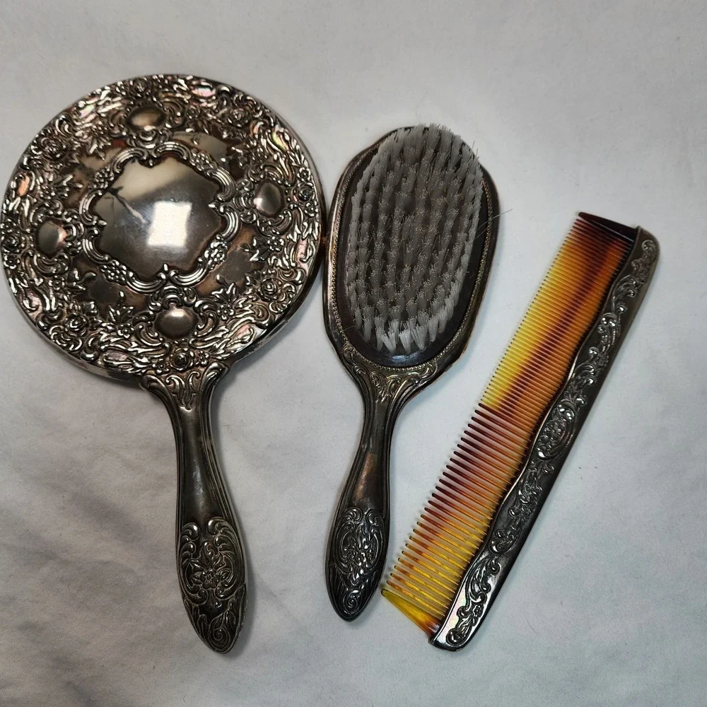 Bath | Vintage Silver Plated Repousse Hand Mirror Brush And Comb Set Of ...